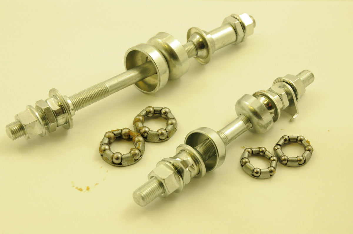 PAIR BIKE WHEEL SPINDLES (AXLES) FRONT & REAR WITH BEARINGS + CUPS BMX ...