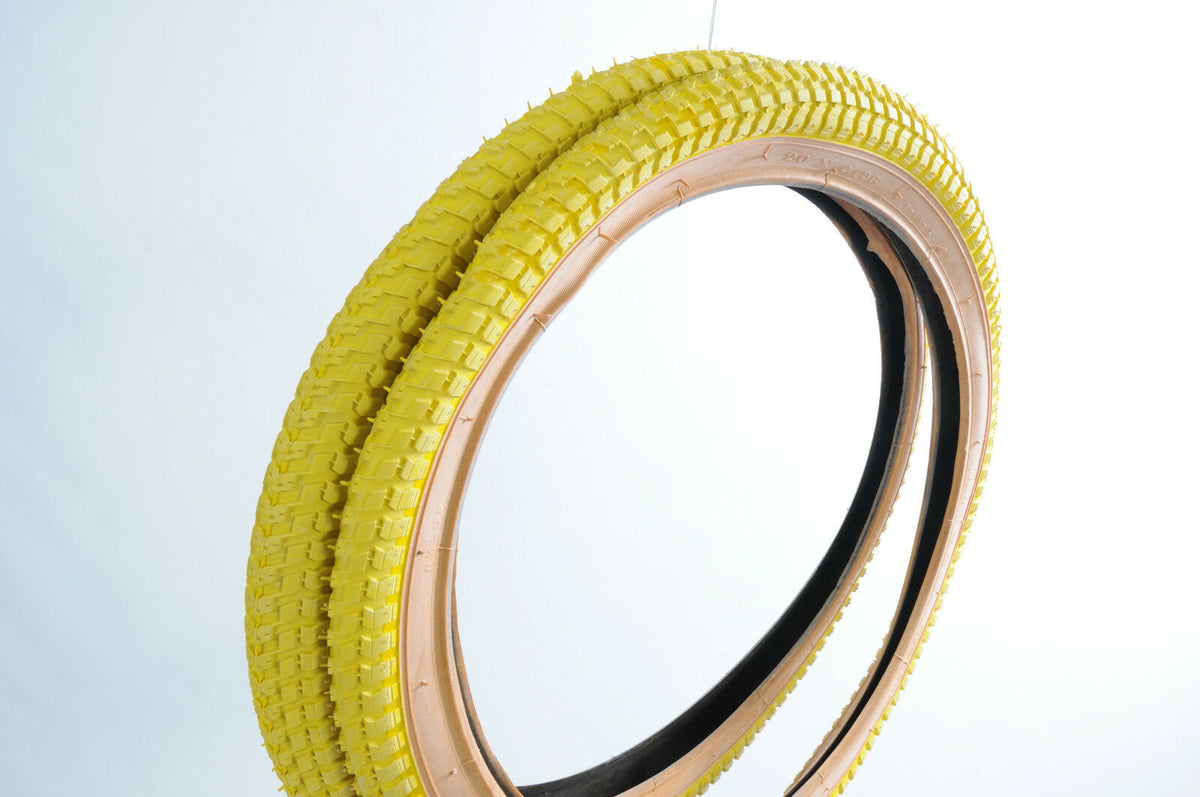 PAIR 20 x 2.125 OLD SCHOOL BMX "SNAKE BELLY" TYRES YELLOW AMBERWALL (G